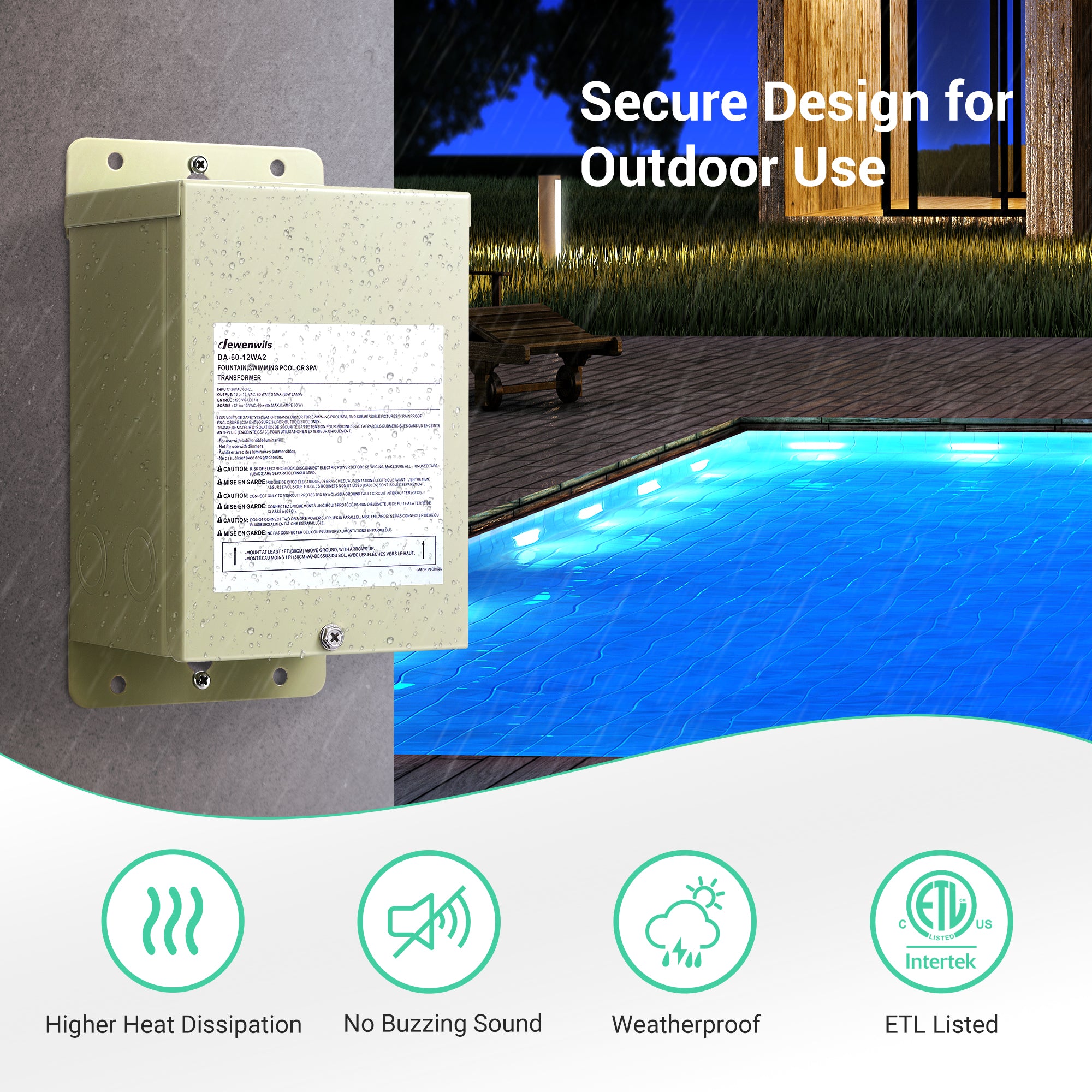 DEWENWILS 60W Pool Light Transformer, Waterproof 120V to 12V/13V/14V AC ...